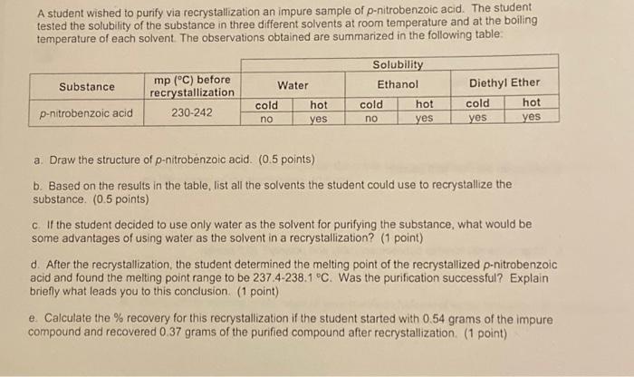 Solved A student wished to purify via recrystallization an | Chegg.com