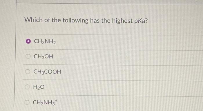 Solved Which of the following has the highest pka? O CH3NH2 | Chegg.com