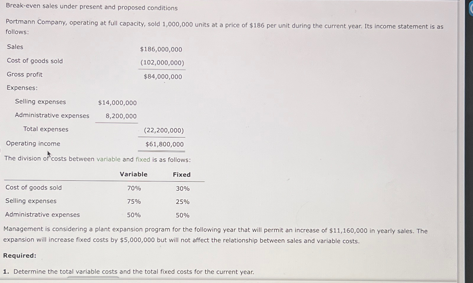 Solved Break-even sales under present and proposed | Chegg.com