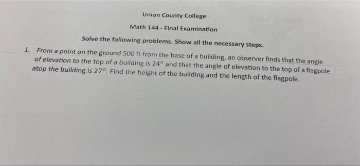 Solved 1. Union County College Math 144 - Final Examination | Chegg.com