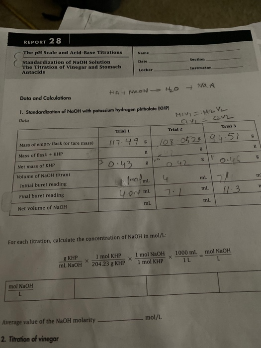 Solved REPORT 28 The pH scale and Acid-Base Titrations | Chegg.com