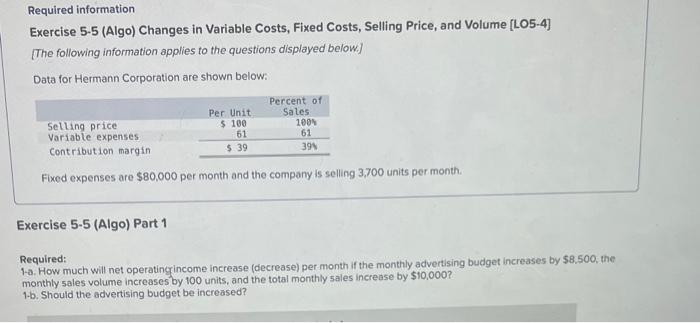Solved Required information Exercise 5.5 (Algo) Changes in | Chegg.com