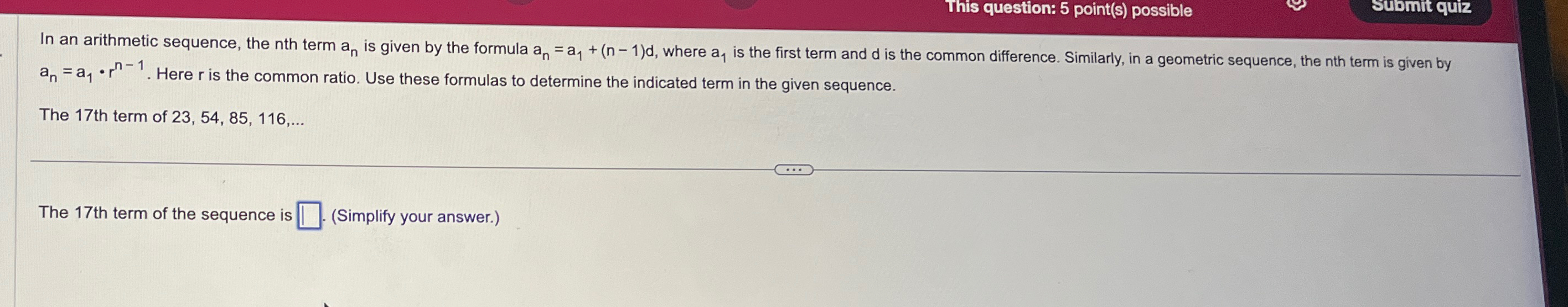 Solved This question: 5 ﻿point(s) ﻿possibleIn an arithmetic | Chegg.com