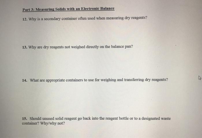 Solved Part 3: Measuring Solids with an Electronic Balance | Chegg.com