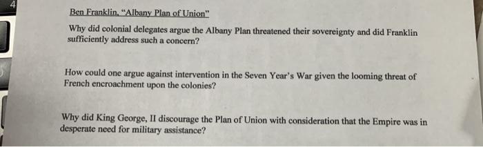 Ben Franklin. "Albany Plan of Union" Why did colonial | Chegg.com