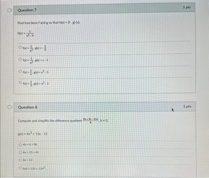 Solved Find functions f and g so that h(x)=(f−g)(x). | Chegg.com