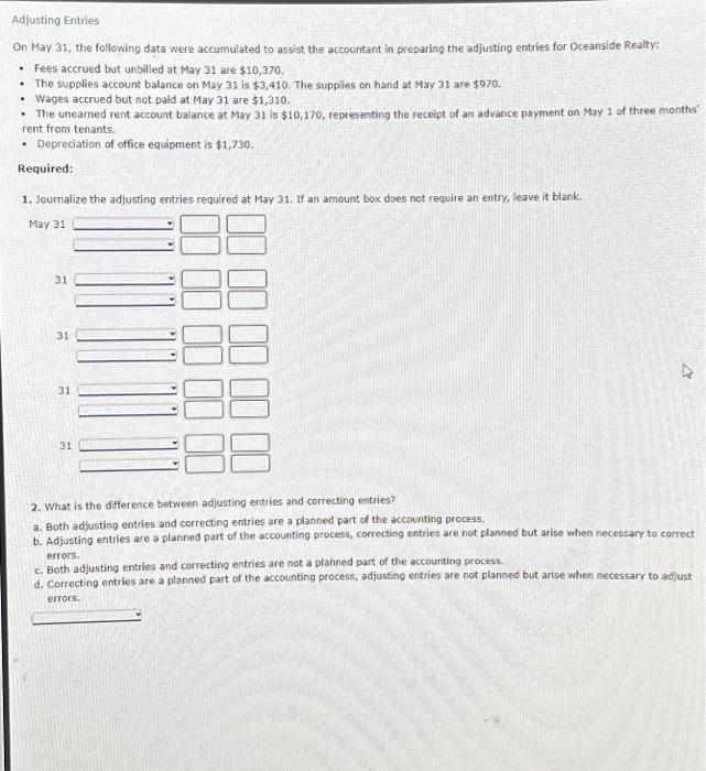 Solved Adjusting Entries On May 31, the following data were | Chegg.com
