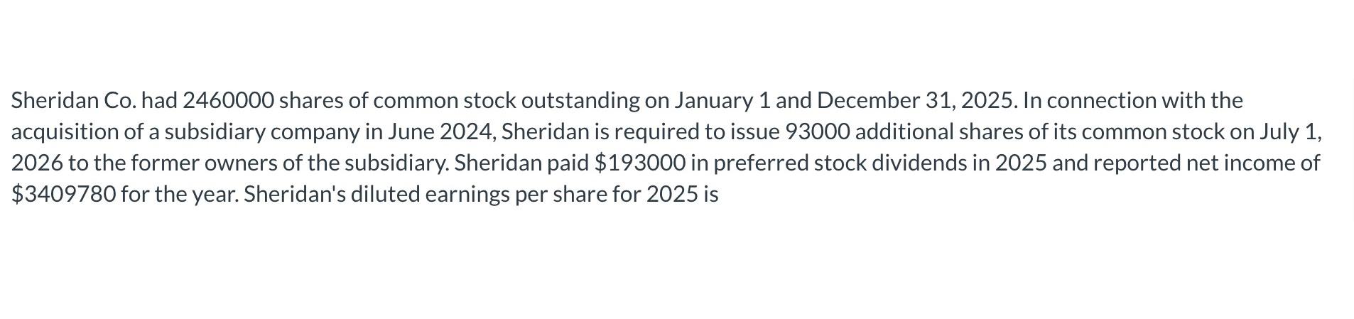 Solved Sheridan Co. ﻿had 2460000 ﻿shares of common stock | Chegg.com