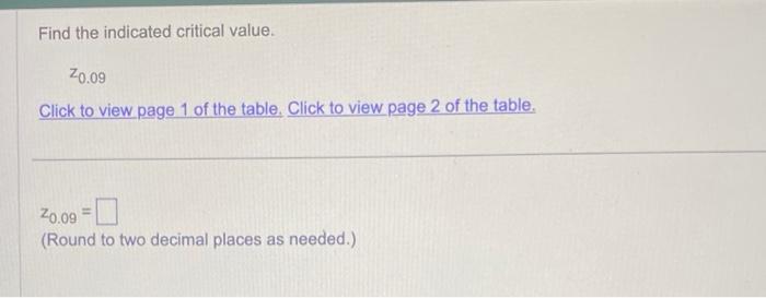 Solved Find the indicated critical value. z0.09 Click to | Chegg.com