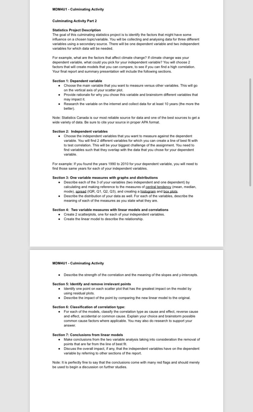 Solved MDM4U1 - ﻿Culminating ActivityCulminating Activity | Chegg.com