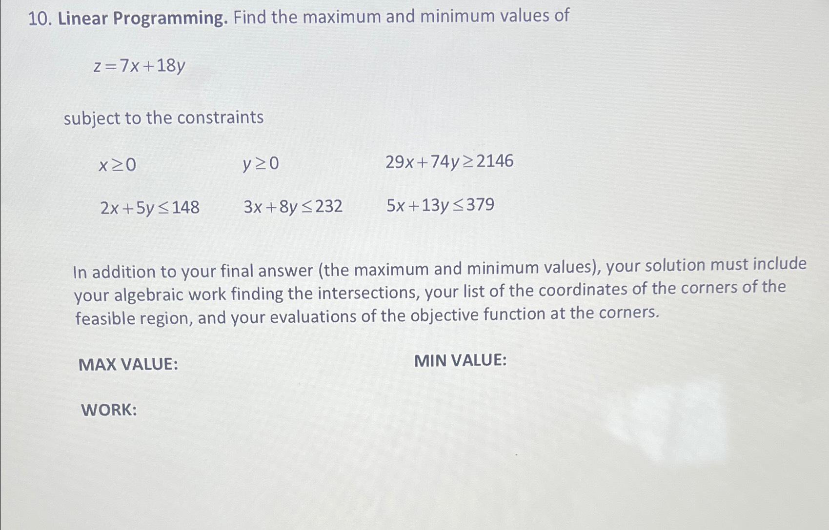 Solved Linear Programming. Find the maximum and minimum | Chegg.com