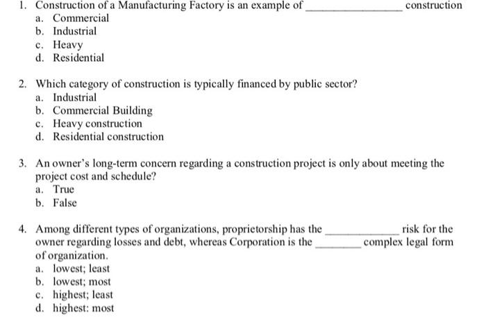 Solved construction 1. Construction of a Manufacturing | Chegg.com