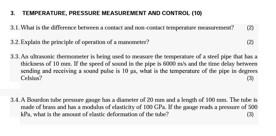 Solved 3. TEMPERATURE, PRESSURE MEASUREMENT AND CONTROL (10) | Chegg.com