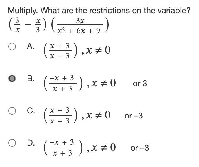 Solved Multiply. What are the restrictions on the variable? | Chegg.com