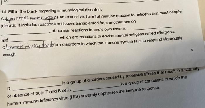 Solved 14. Fill in the blank regarding immunological | Chegg.com