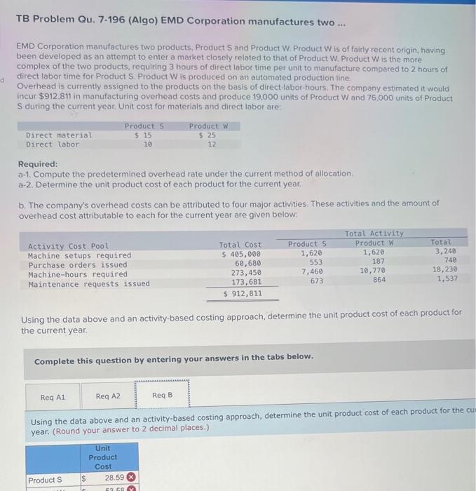 Solved TB Problem Qu. 7-196 (Algo) EMD Corporation | Chegg.com