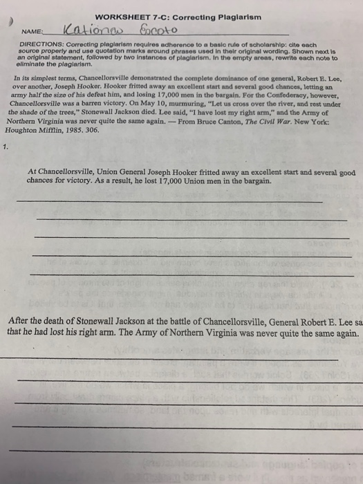 WORKSHEET 7-C: Correcting Plagiarism Ecoto Kationos | Chegg.com