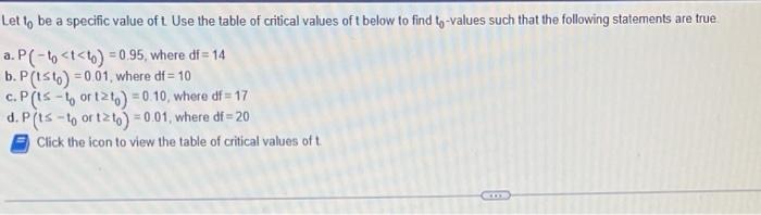 Let t0 be a specific value of t. Use the table of | Chegg.com
