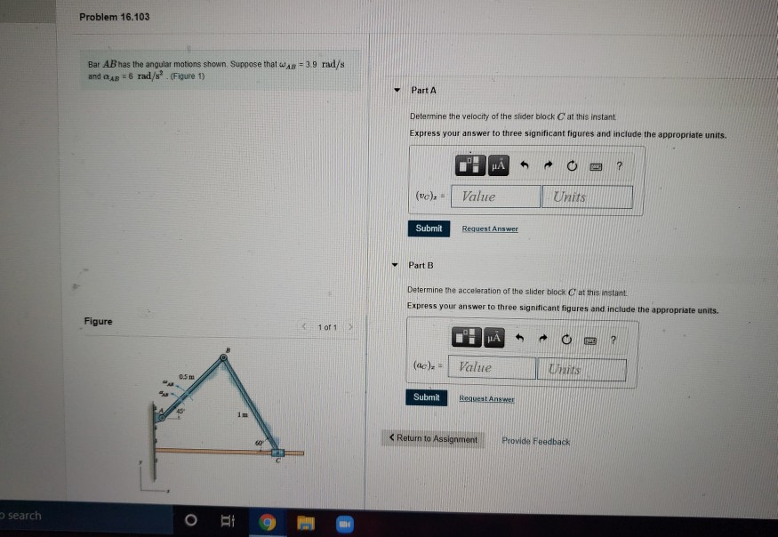 Solved Problem 16.103 Bar AB has the angular motions shown | Chegg.com