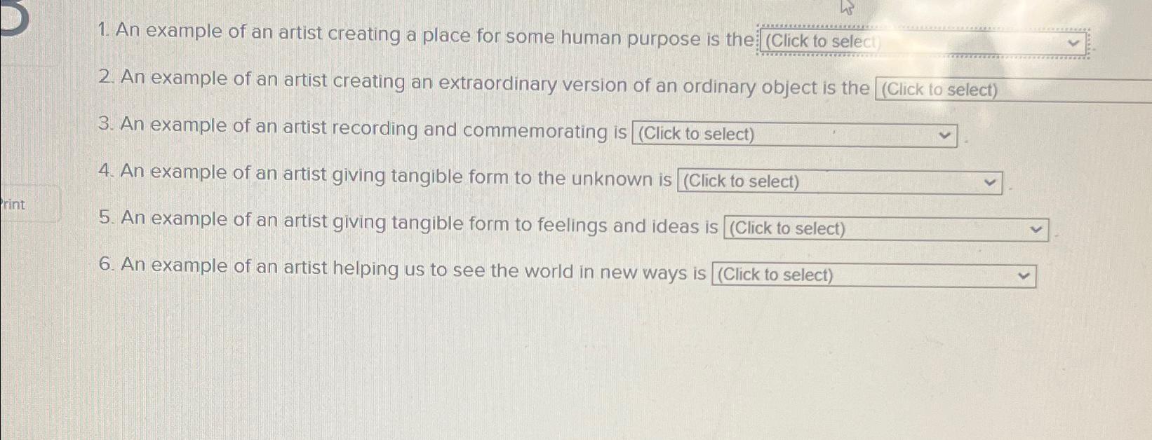 Solved An example of an artist creating a place for some | Chegg.com