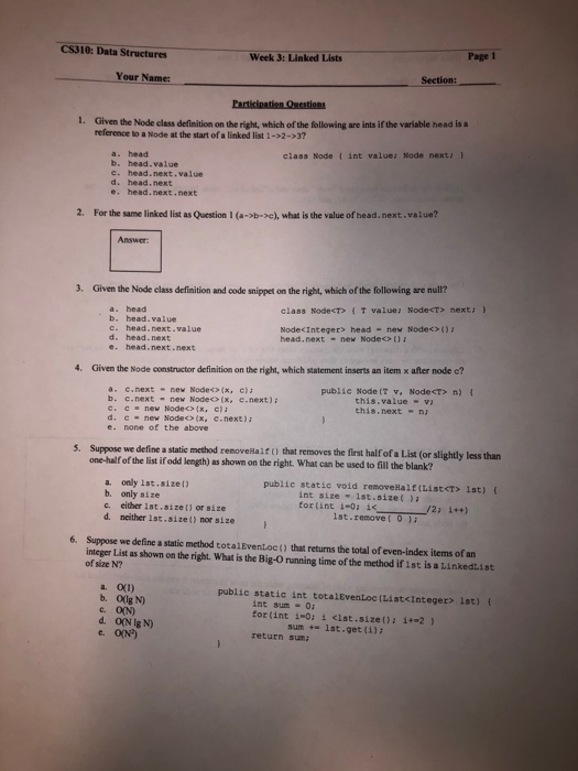 Solved CS310: Data Structures Week 3: Linked Lists Page 1 | Chegg.com