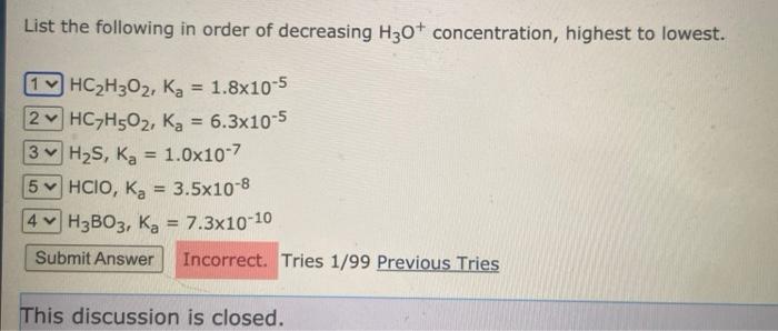 Solved List the following in order of decreasing H30+ | Chegg.com