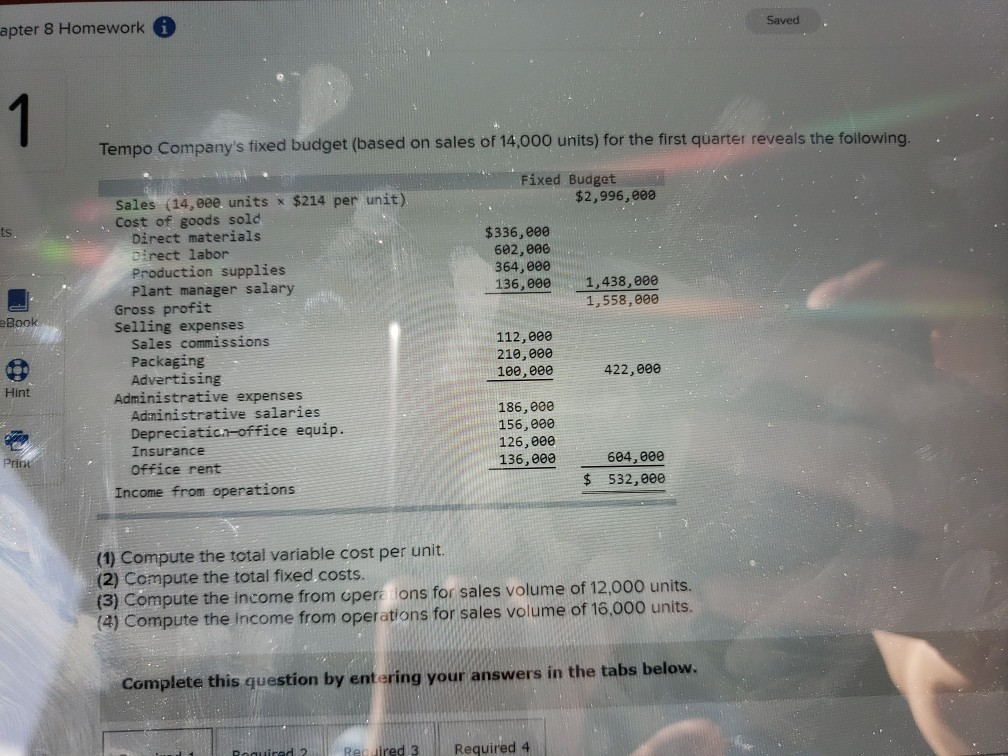 Solved Saved apter 8 Homework 1 Tempo Company's fixed budget | Chegg.com