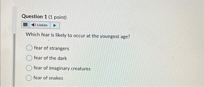 Solved Question 1 (1 point) Listen Which fear is likely to | Chegg.com