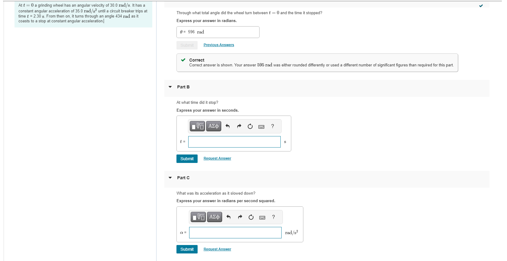Solved At t=0 ﻿a grinding wheel has an angular velocity of | Chegg.com