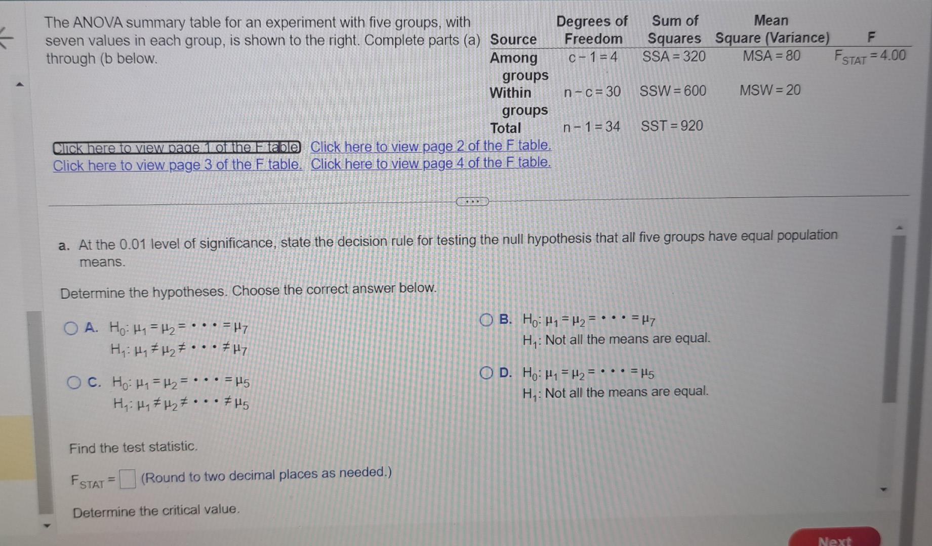 Solved The ANOVA summary table for an experiment with five | Chegg.com