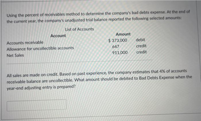Solved Using the percent of receivables method to determine | Chegg.com