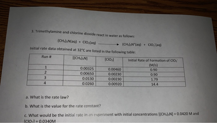 Solved 3. Trimethylamine and chlorine dioxide react in water | Chegg.com
