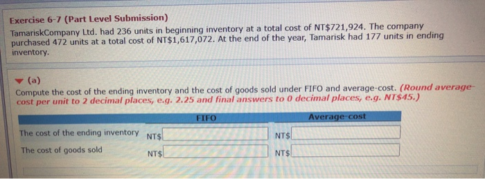 Solved Exercise 6-7 (Part Level Submission) TamariskCompany | Chegg.com