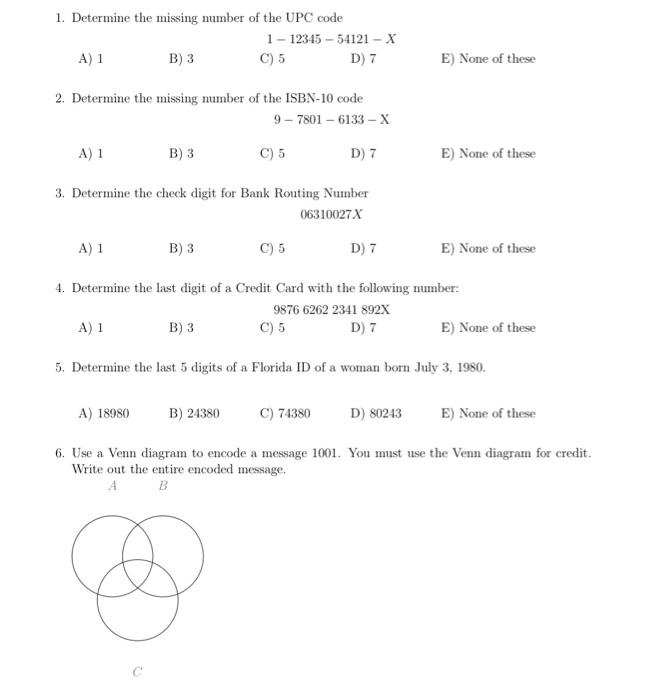 Solved 1. Determine the missing number of the UPC code A) 1 | Chegg.com