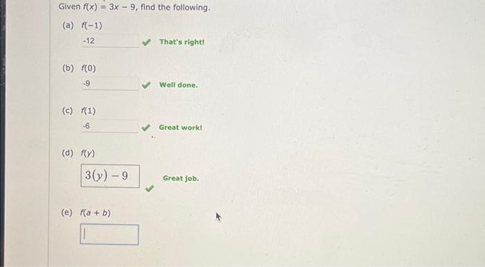 Solved Given f(x) = 3x - 9, find the following. (a) f(-1) | Chegg.com