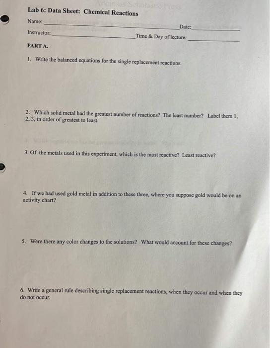 Solved -replacement Reactions: | Chegg.com