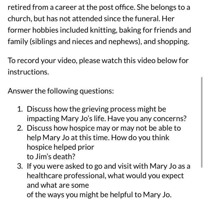 Solved Mary Jo lost her partner of 47 years about 6 months | Chegg.com