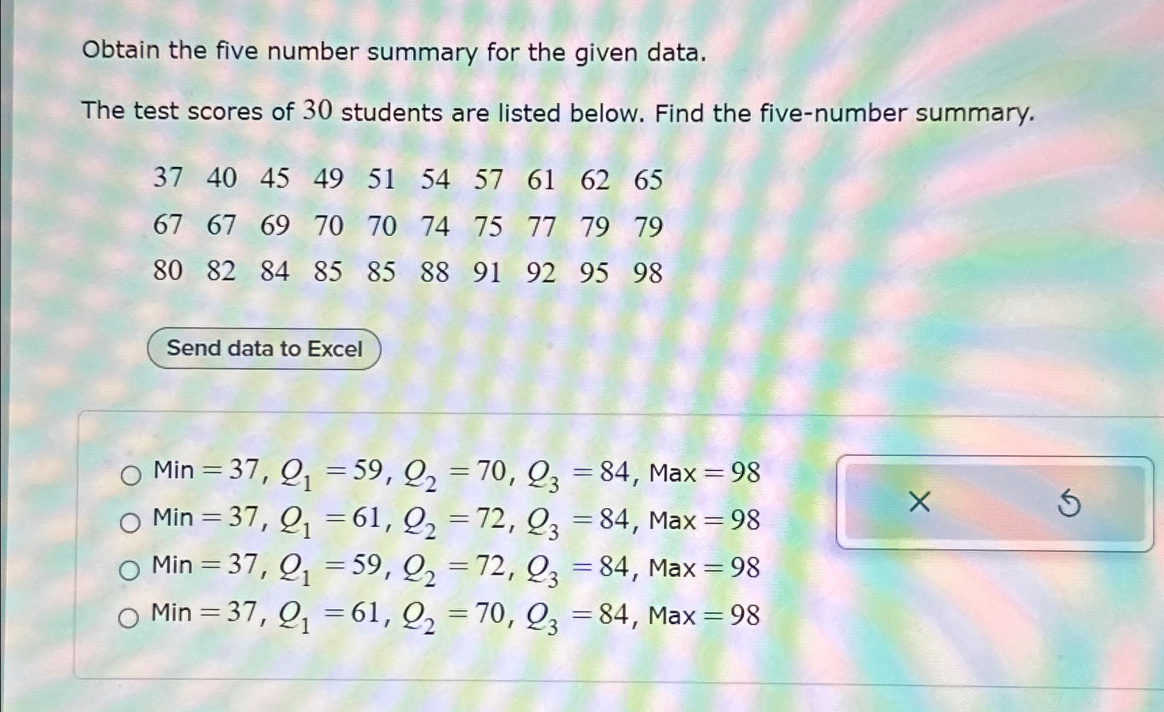 Solved Obtain the five number summary for the given data.The | Chegg.com