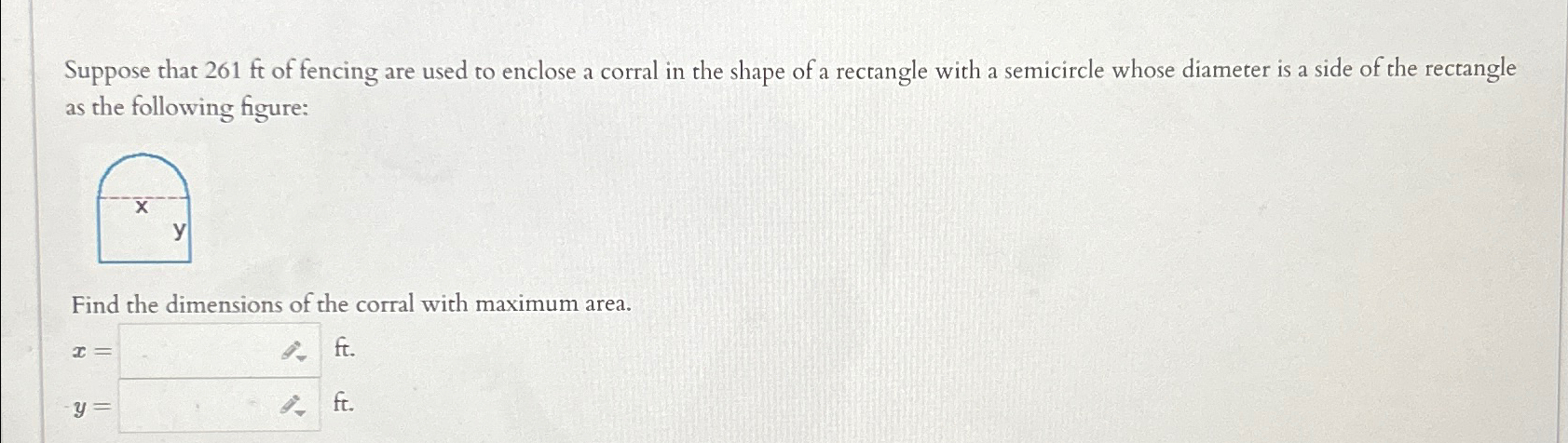 Solved Suppose that 261ft ﻿of fencing are used to enclose a | Chegg.com