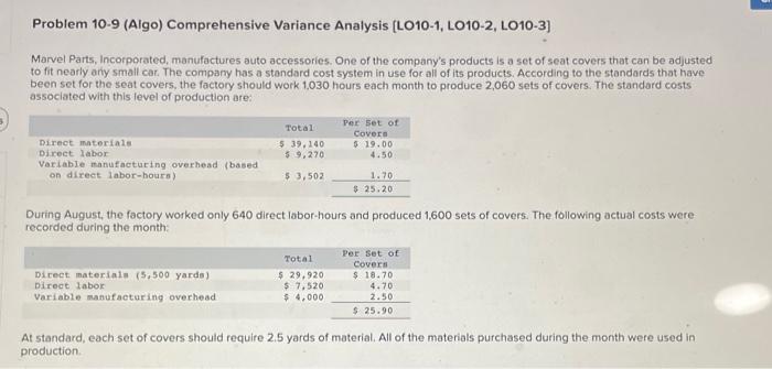 Solved Problem 10-9 (Algo) Comprehensive Variance Analysis | Chegg.com