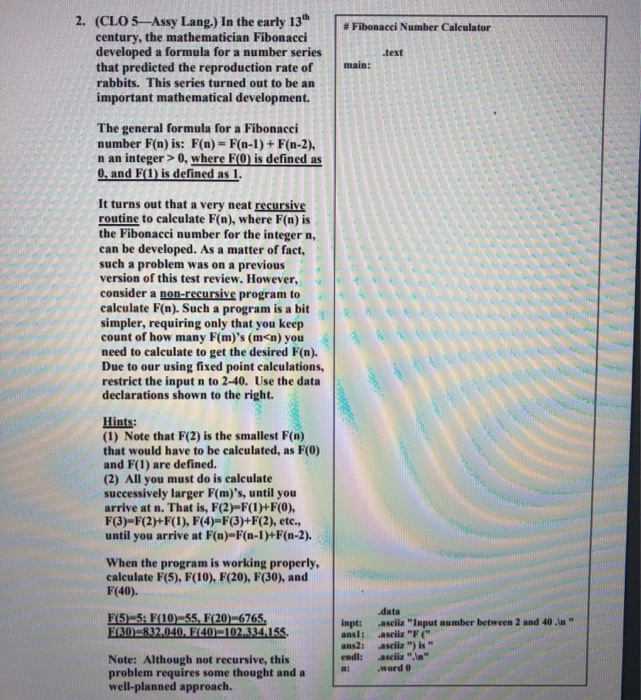 Solved # Fibonacci Number Calculator .text 2. (CLO 5—Assy | Chegg.com