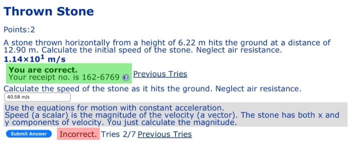 Solved Points:2 A stone thrown horizontally from a height of | Chegg.com