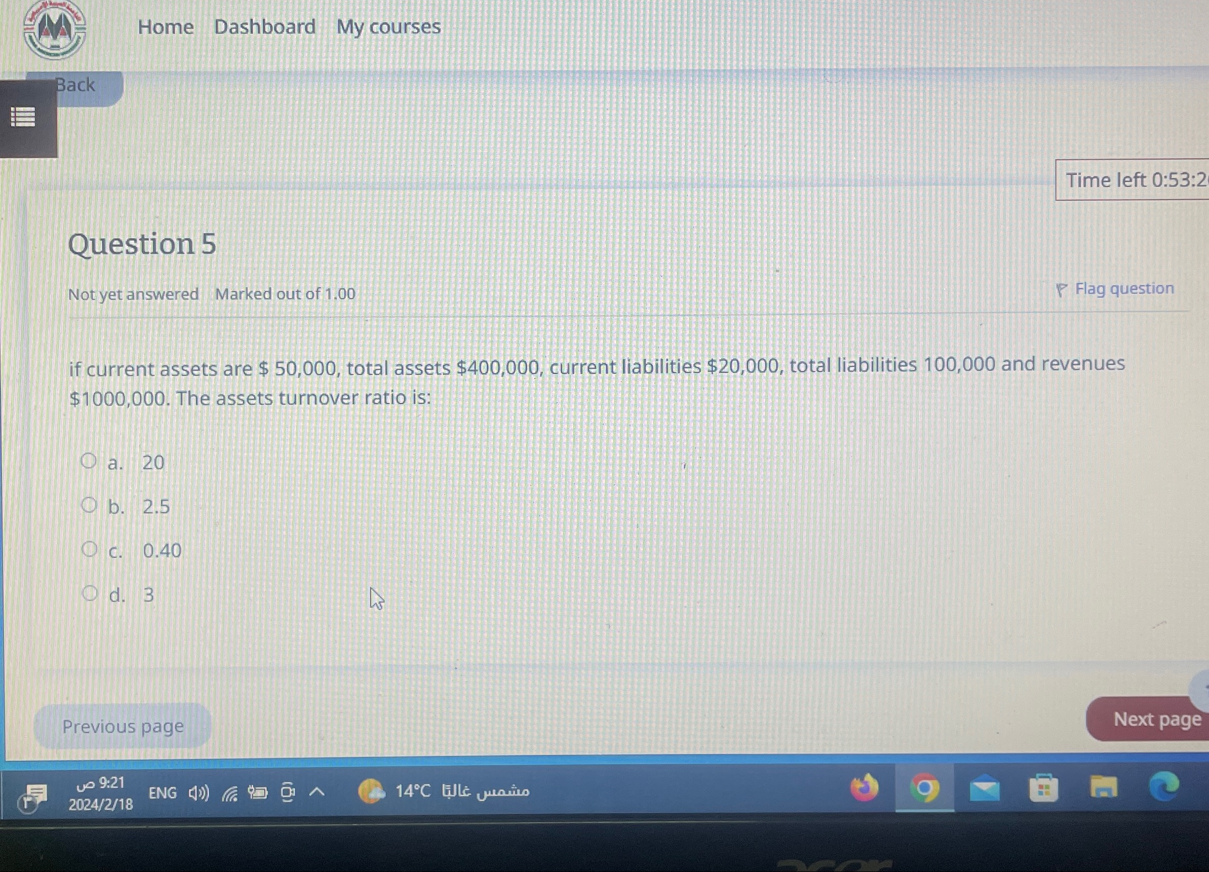 Solved Home Dashboard My coursesTime left 0:53:2Question | Chegg.com