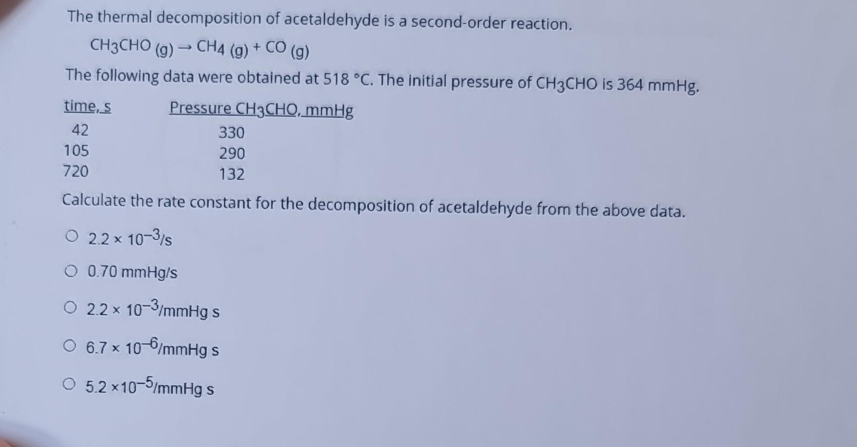 Solved The thermal decomposition of acetaldehyde is a | Chegg.com