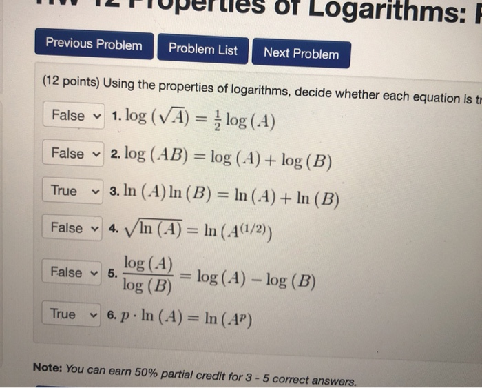 Solved OT Logarithms: F Previous Problem Problem List Next | Chegg.com