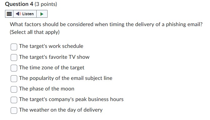 Solved Question 4 (3 ﻿points)What factors should be | Chegg.com