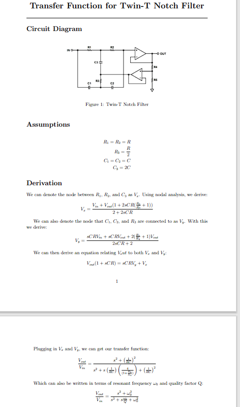 Transfer Function for Twin-T Notch FilterCircuit | Chegg.com