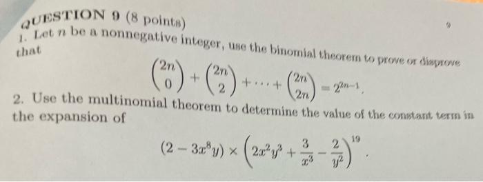 Solved QUESTION 9 (8 points) 1. Let n be a nonnegative | Chegg.com