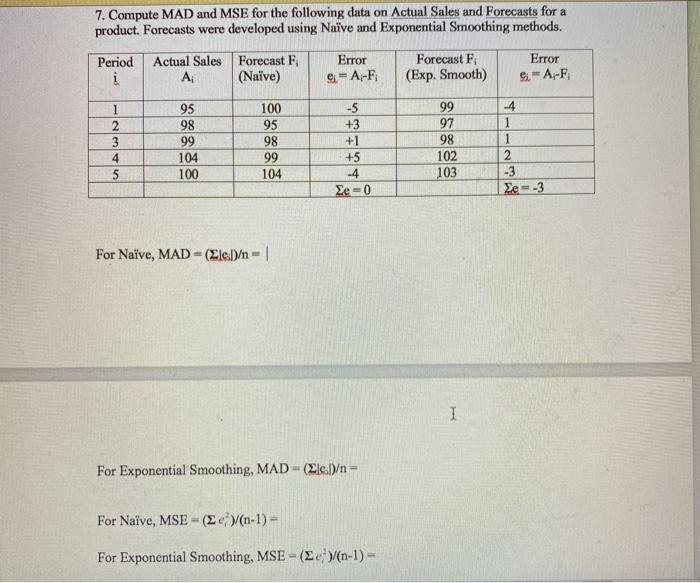 Solved 7. Compute MAD and MSE for the following data on | Chegg.com