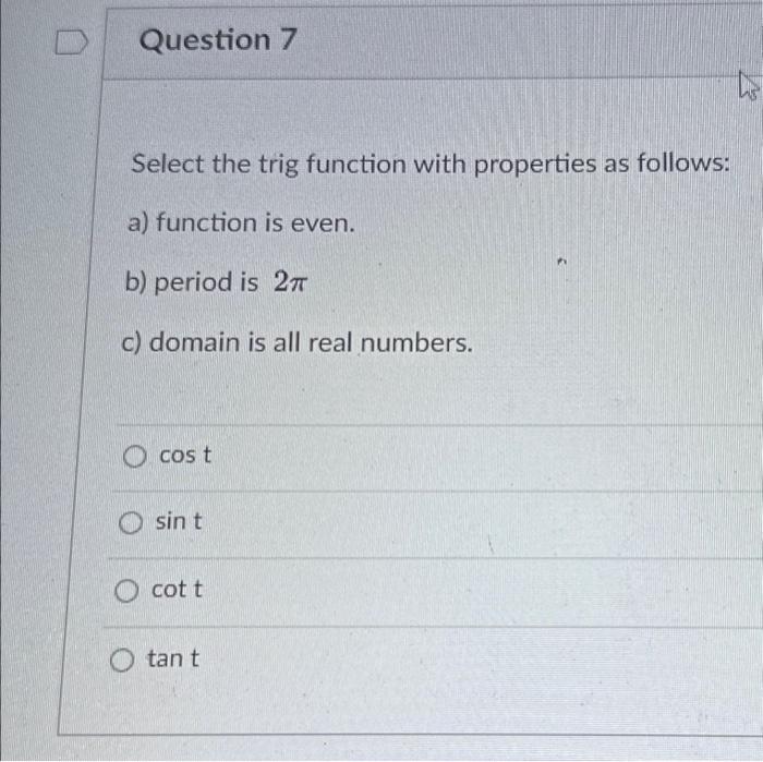 Solved Select the trig function with properties as follows: | Chegg.com
